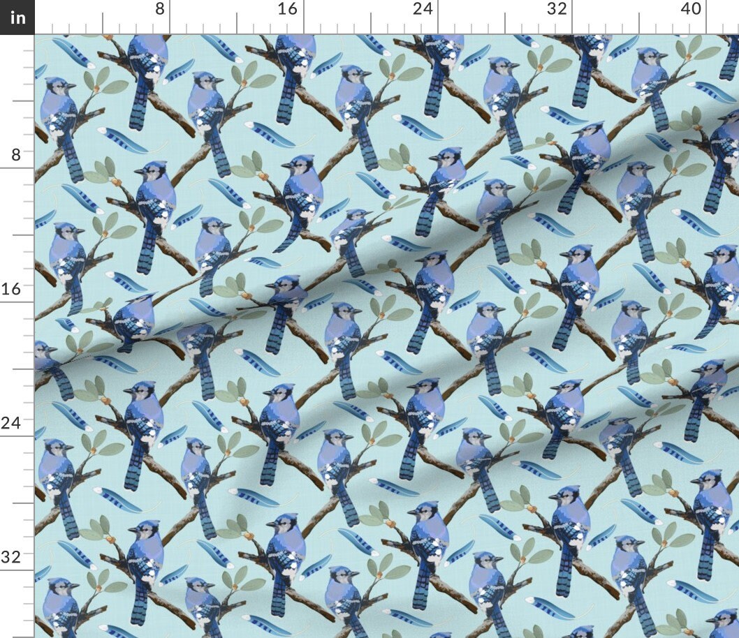 Blue Jay Fabric Blue Jays On Aqua By Shellypenko Watercolor | Etsy