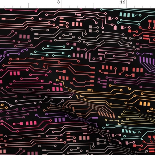 Rainbow Circuit Board Fabric Circuit Nerd Black Black - Etsy
