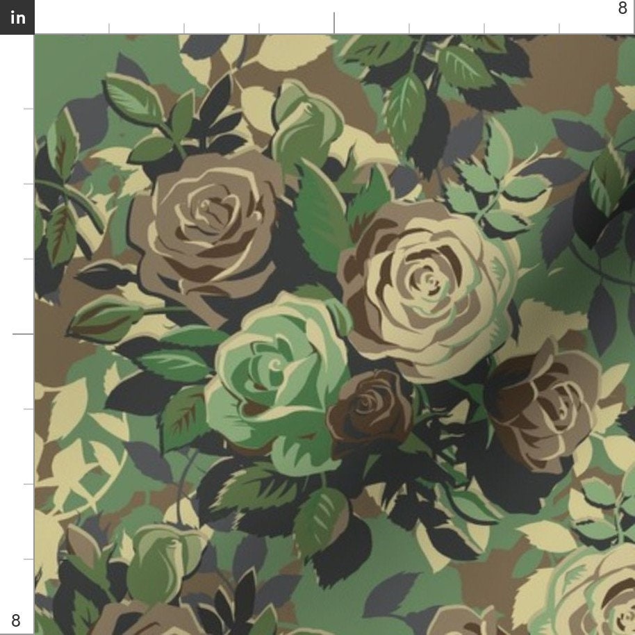 Camo Flowers Fabric Camo Rose By Emilystoneprints Green | Etsy