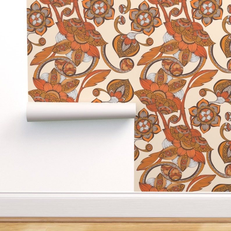 Orange Boho Floral Wallpaper Boho Orange by Valentinaharper - Etsy