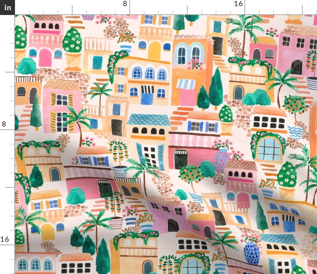 Pink Fabric Seaside Villa Getaway by Anthea_jacklin Lake Seaside Palm Trees Houses Garden ...