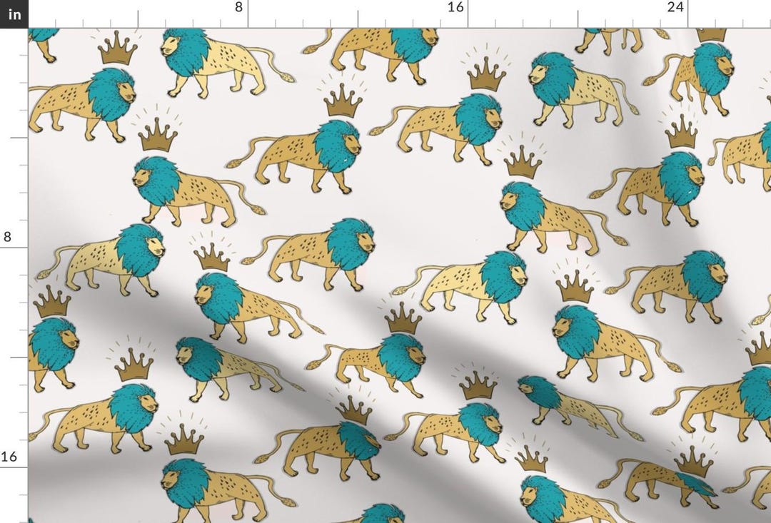Lions Mane Zoo Animals Fabric - Leo Lion Gold and Turquoise Reduced by ...