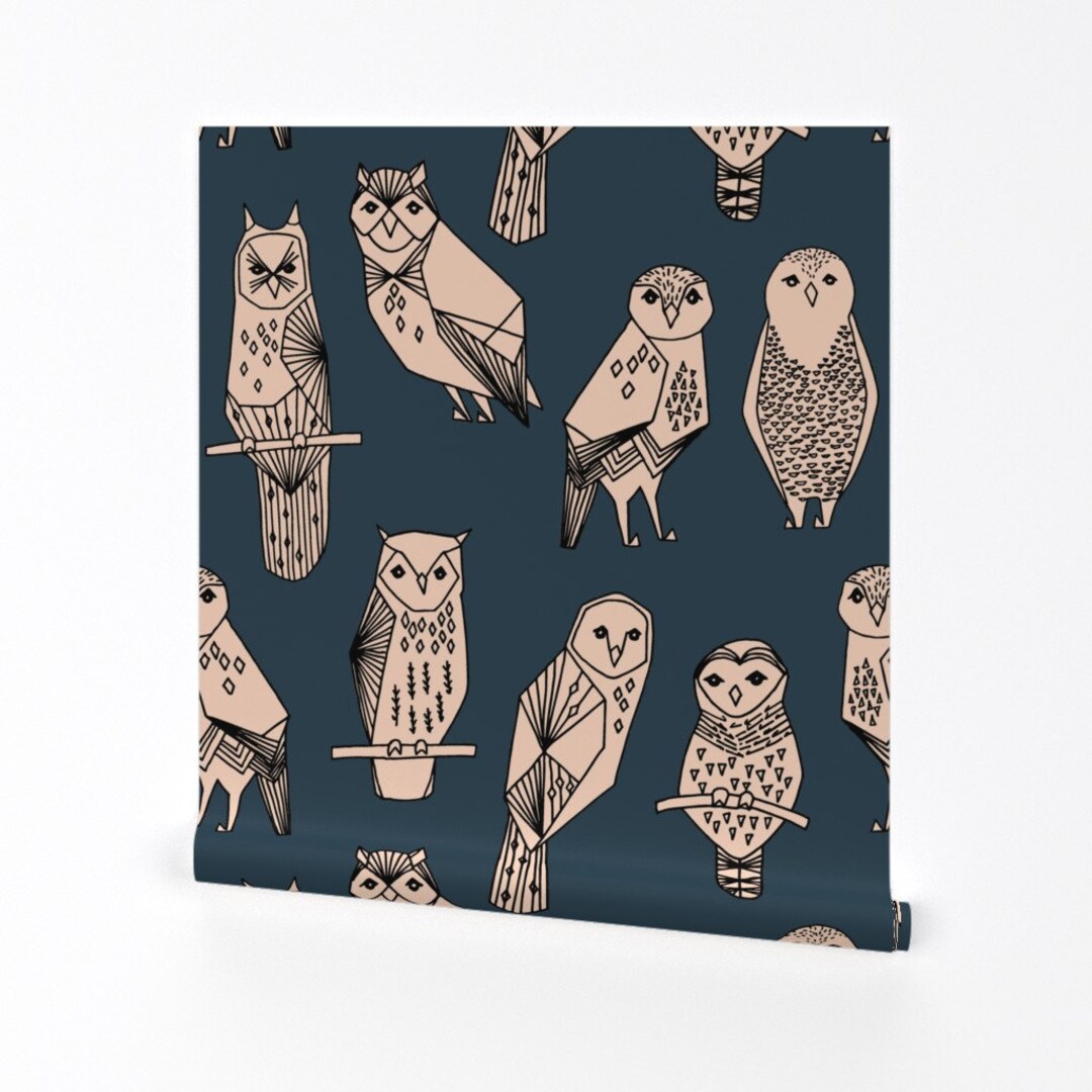 Owl Wallpaper Blush Navy Owl Illustration by Andrea Lauren - Etsy