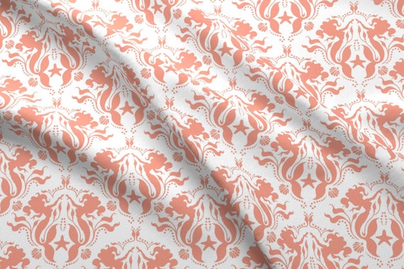 Coral Mermaid Damask Fabric Mermaid Damask Coral-White By | Etsy