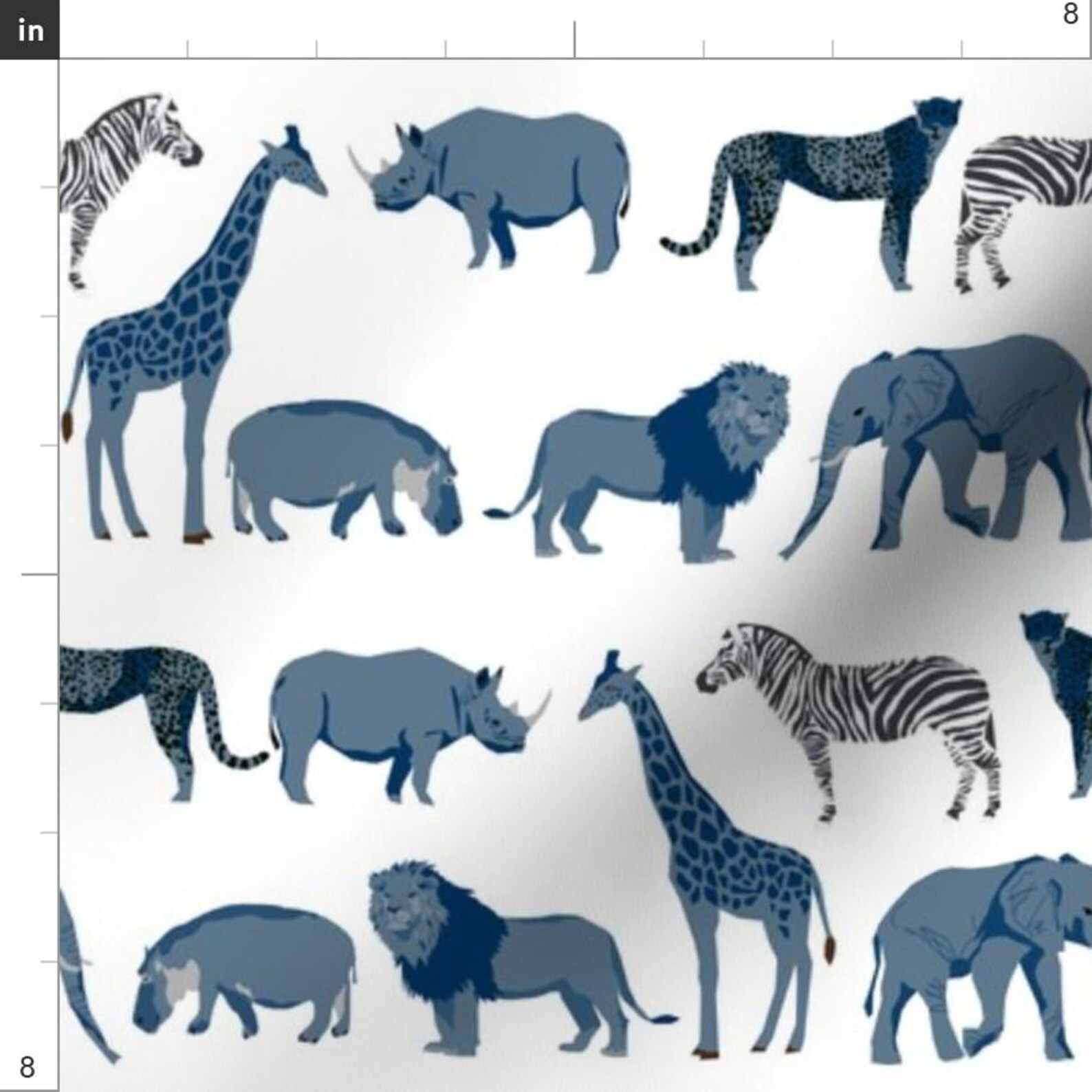 Blue Safari Animals Fabric - Safari Blue + White Elephant Lion Zebra ...