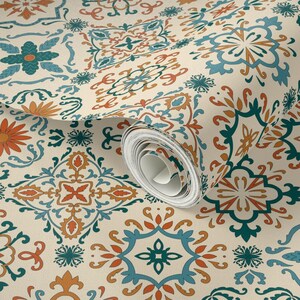 Spanish Wallpaper - Spanish Tiles by Maritcooper - Blue Orange White ...