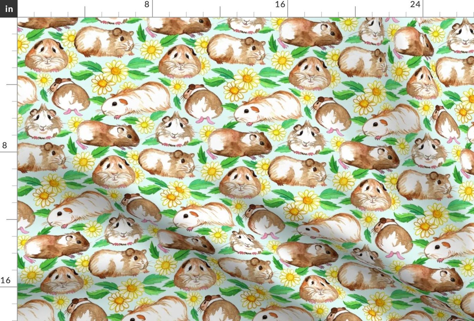 Floral Guinea Pig Pet Fabric - Guinea Pigs and Daisies in Watercolor on ...
