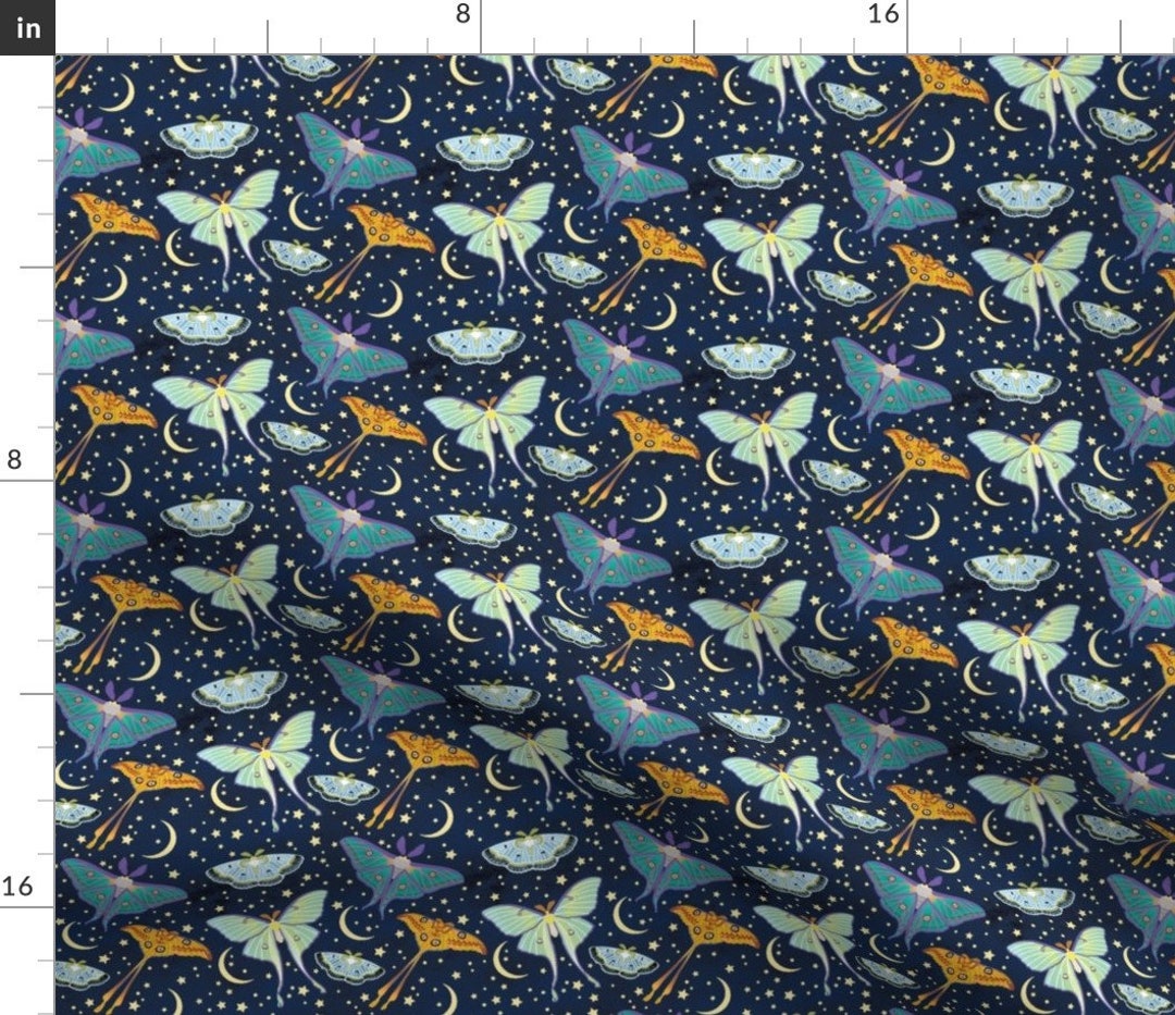 Moth Fabric Moon Moths by Pamelandia Blue Yellow Butterfly Nighttime ...