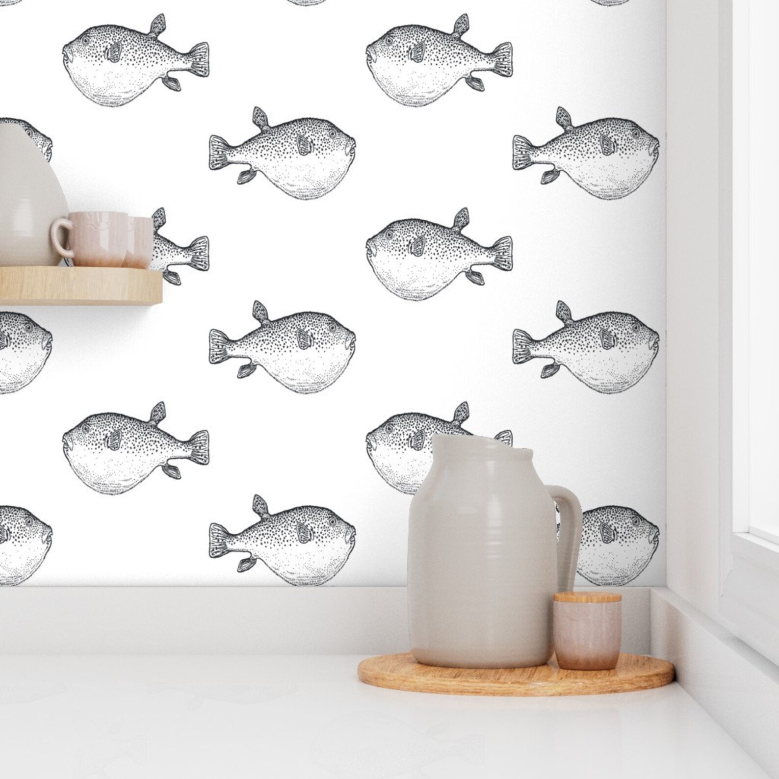 Blowfish Wallpaper Charcoal Puffer Fish on White by Mlags - Etsy