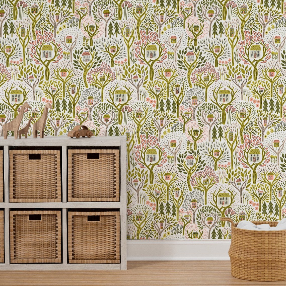 Treehouse Wallpaper Acacia pink and Green by Amy_maccready - Etsy
