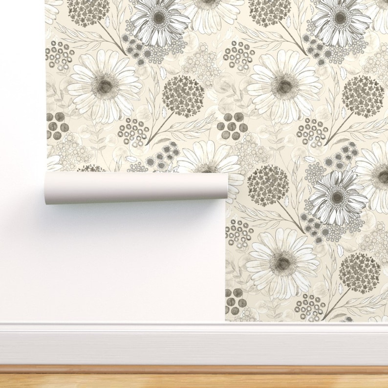 Neutral Floral Wallpaper Handdrawn-flowers-earth-tones by - Etsy