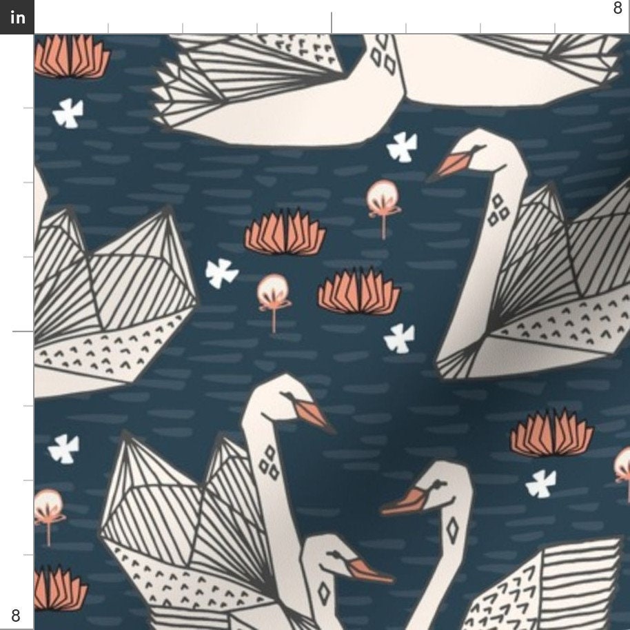 Swan Fabric Swans Lily Pond Swans Dark Blue Navy Blue Bird - Etsy