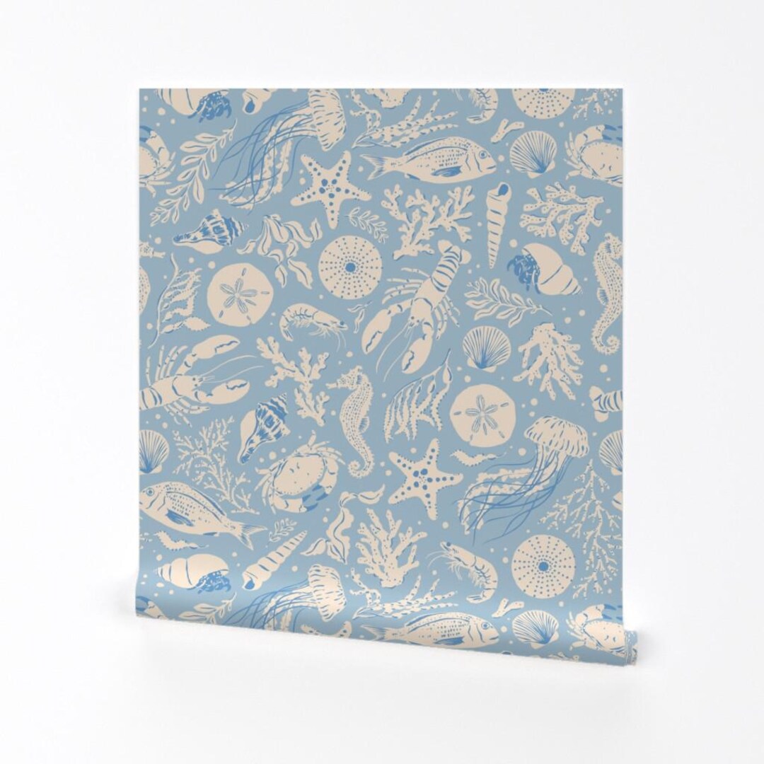 Baby Blue Beach Removable Peel and Stick Wallpaper - Nautical Crab Sea ...