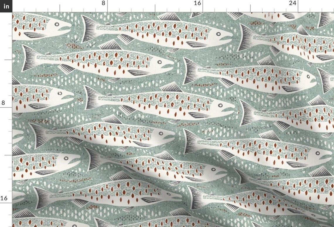 Salmon Fabric - Salmon by Fleabat - Mint Green Fish Trout Animal ...