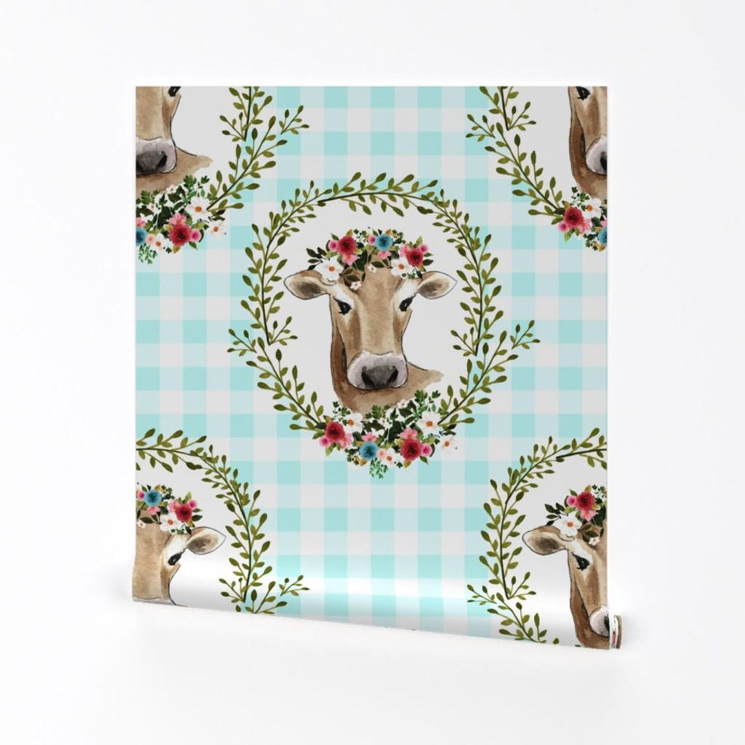 Country Wallpaper - 1.5" Floral Cow - Blue Gingham by Shopcabin - Blue ...