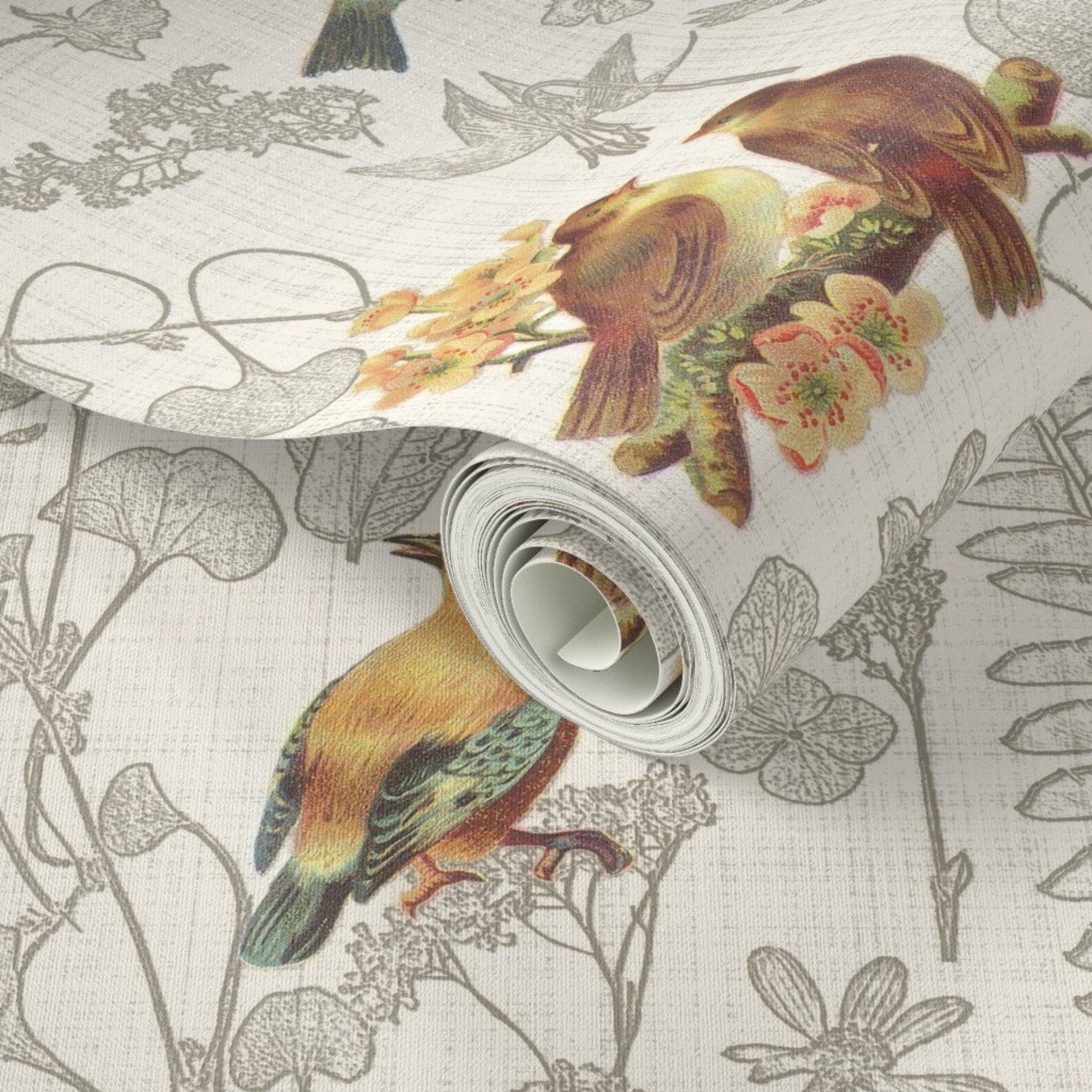 Bird Toile Wallpaper Birds off the Wall Toile Linen by - Etsy