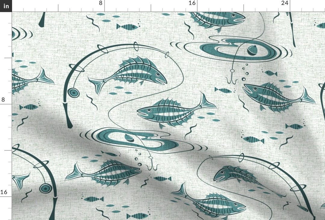 Midcentury Mod Fish Toile Fabric - Lake Fishing by Studioxtine - Aqua ...