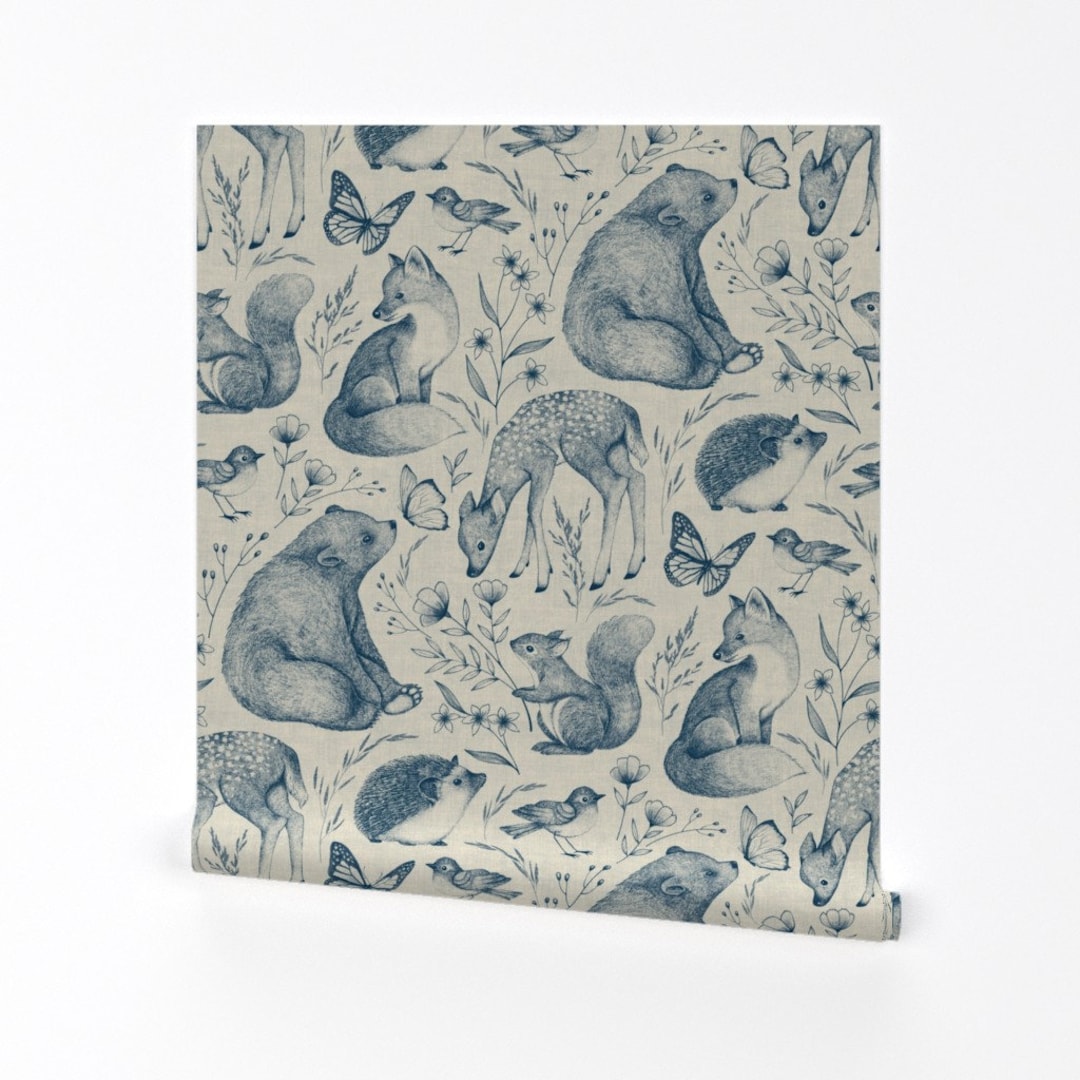 Blue Animal Toile Wallpaper Forest Animals Toile by Perrinphilippa ...