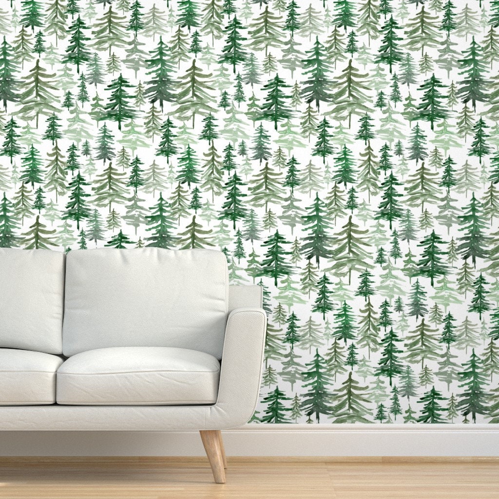 Woodland Pines Wallpaper Rustic Forest Trees White by - Etsy