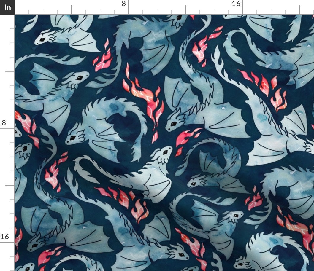 Blue Flying Dragons Fire Fabric Dragon Fire Dark Blue by - Etsy