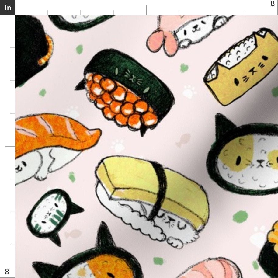 Kawaii Sushi Cats Fabric Kawaii Kitty Sushi By Dramacatz Etsy