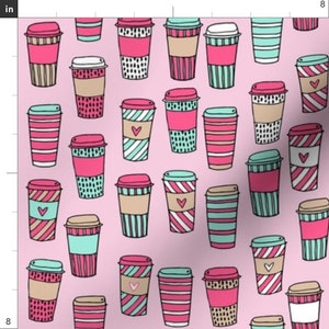 Coffee Fabric Coffee // Coffee Cafe Latte Fabric Pink and Mint Coffee ...