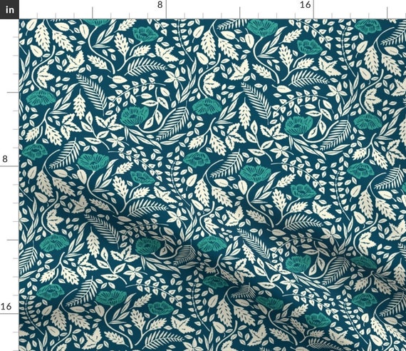 Teal Fabric Teal White and Blue Flowers by Landpenguin | Etsy