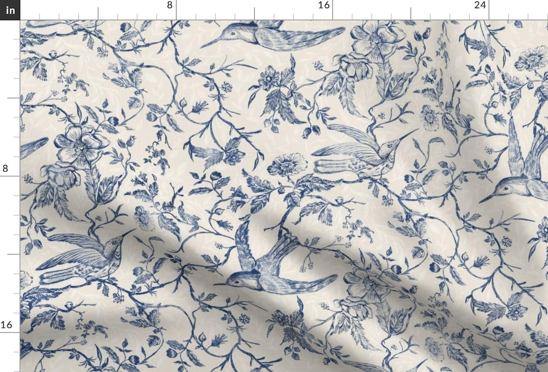 Blue Floral Toile Apparel Fabric - Hummingbird Toile by ...