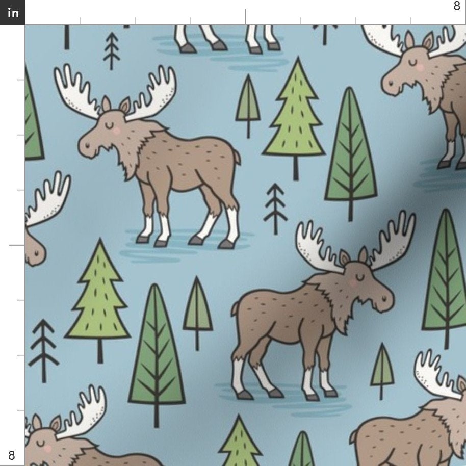 Moose Fabric Forest Woodland Moose Trees on Blue by Caja | Etsy