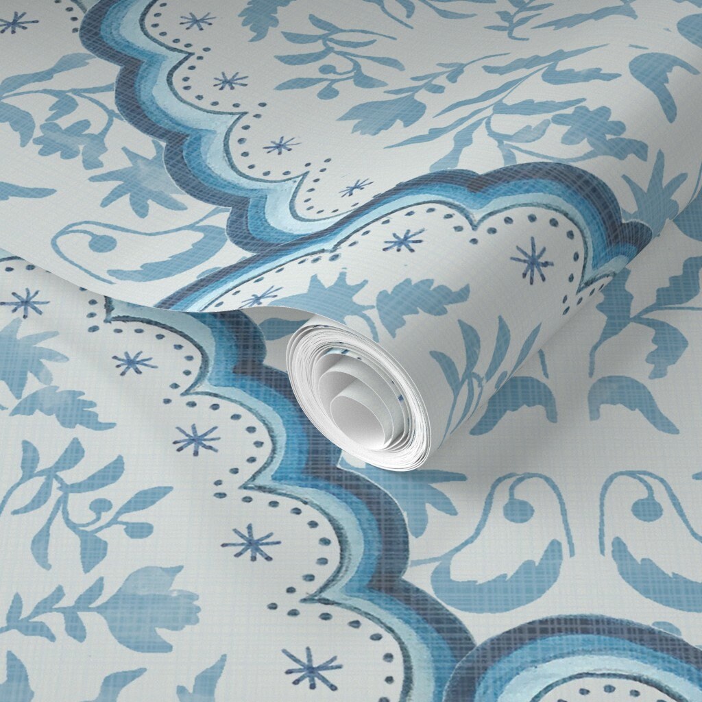 French Country Wallpaper Large Blue Scalloped Edges Paisley - Etsy