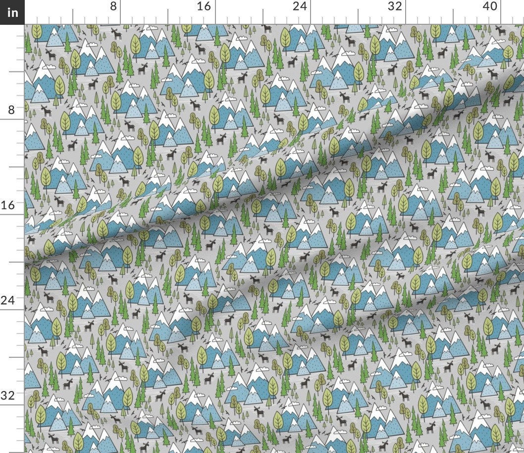 Mountains Fabric Forest Adventure Woodland Trees Moose | Etsy