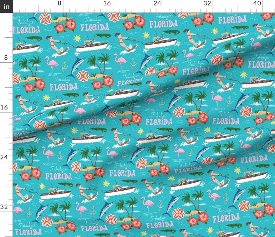 Florida Blue Vacation Summer Pattern Postcard Fabric | Etsy