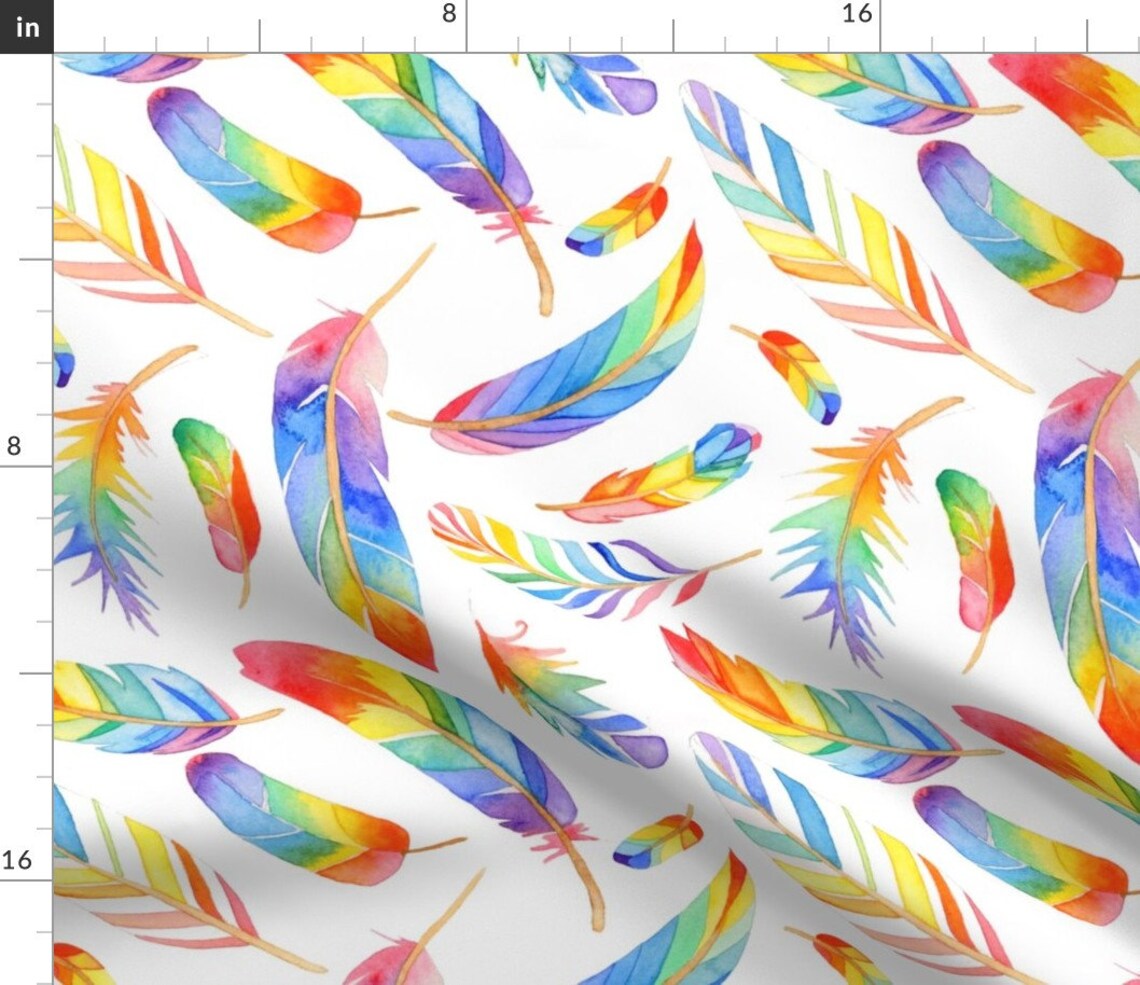 Feathers Fabric Rainbow Feathers Larger Scale by - Etsy