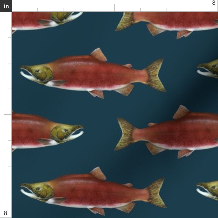 Red Salmon Fabric Sockeye Salmon on 1d3d4c Navy by - Etsy
