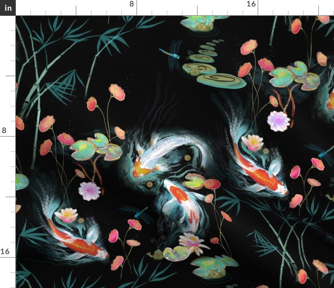 Koi Fish Fabric Japanese Water Garden Black by Designed by - Etsy