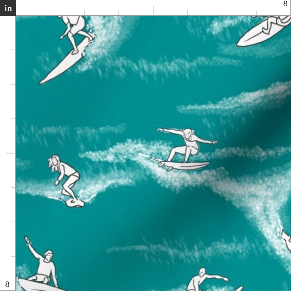 Ocean Waves Surfing Fabric Surfers on Turquoise by | Etsy