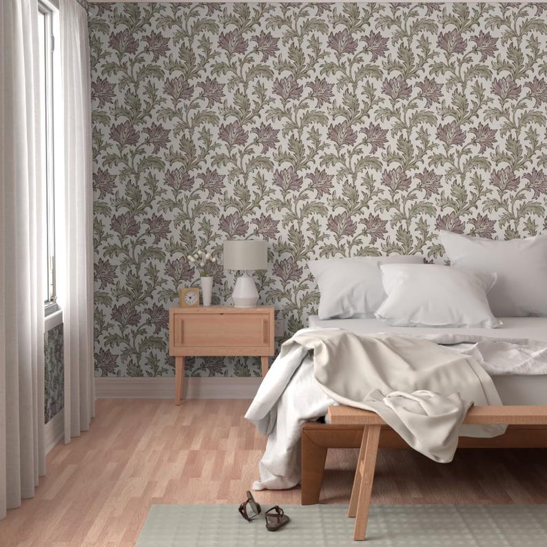 Classic Peel and Stick Wallpaper - Block Print Arts and Crafts Leaves ...