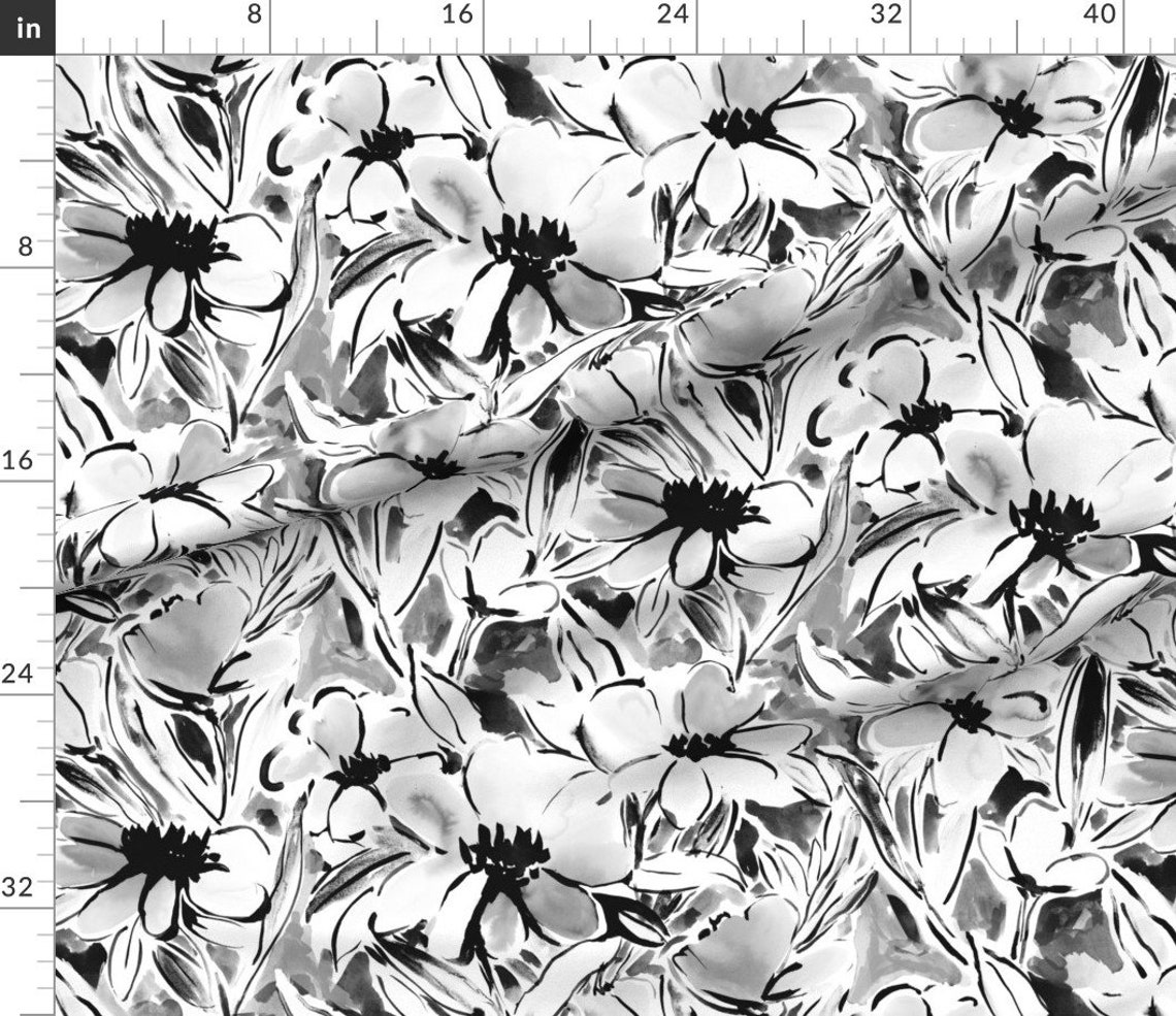Floral B&W Fabric Large Scale Painterly Floral in Black and - Etsy