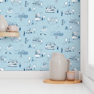 Brooklyn Toile Wallpaper - Brooklyn Toile by Mcswiss - Toile NYC Blue ...