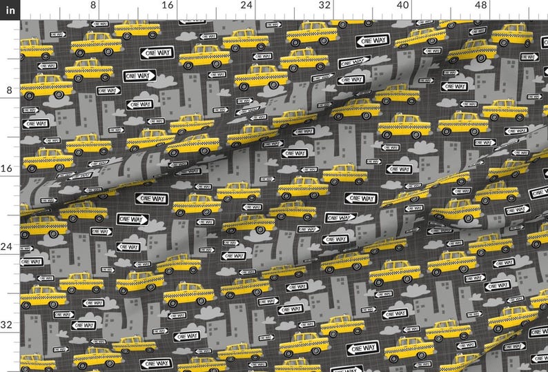 Taxi Fabric - One Way by Bzbdesigner - Gray Yellow City Street Taxi Cab ...
