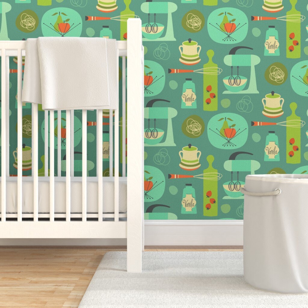 Kitchen Wallpaper Kitchen Kitsch Blue by Studiojenny Mid - Etsy