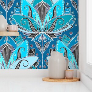 Lotus Wallpaper Art Deco Lotus in Teal Turquoise Black by - Etsy