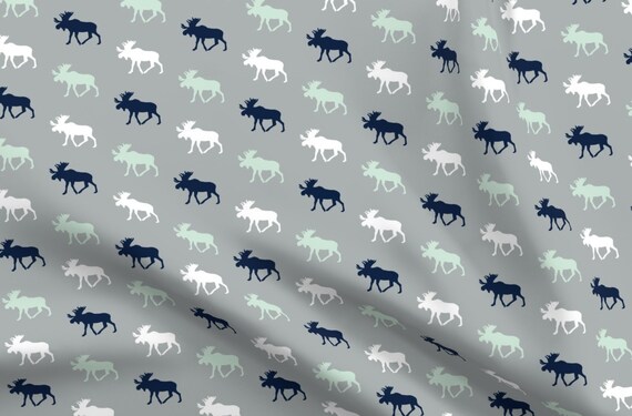 Moose Fabric Multi Moose On Grey Small Scale / Northern | Etsy