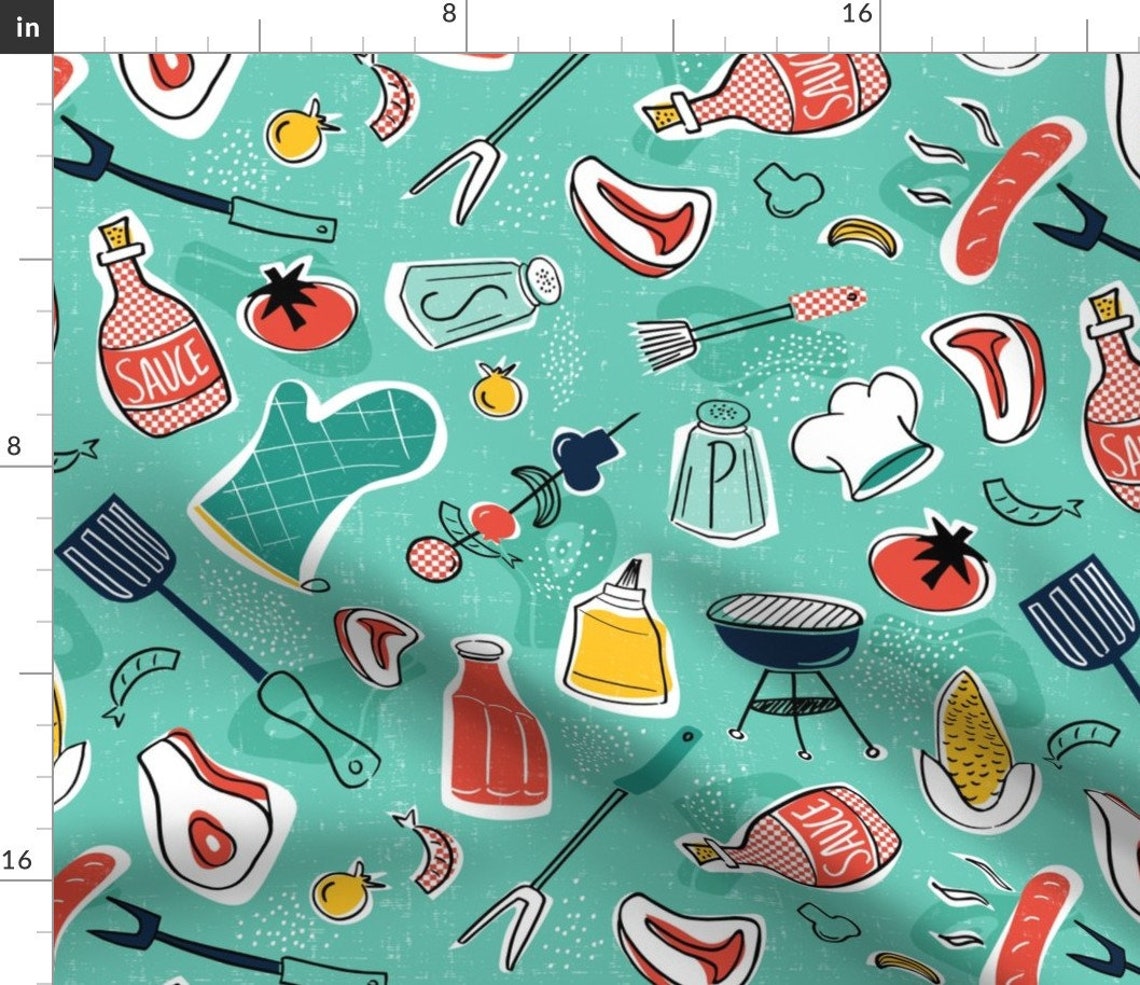 Backyard Bbq Fabric Backyard Bbq Aqua By Heatherdutton | Etsy