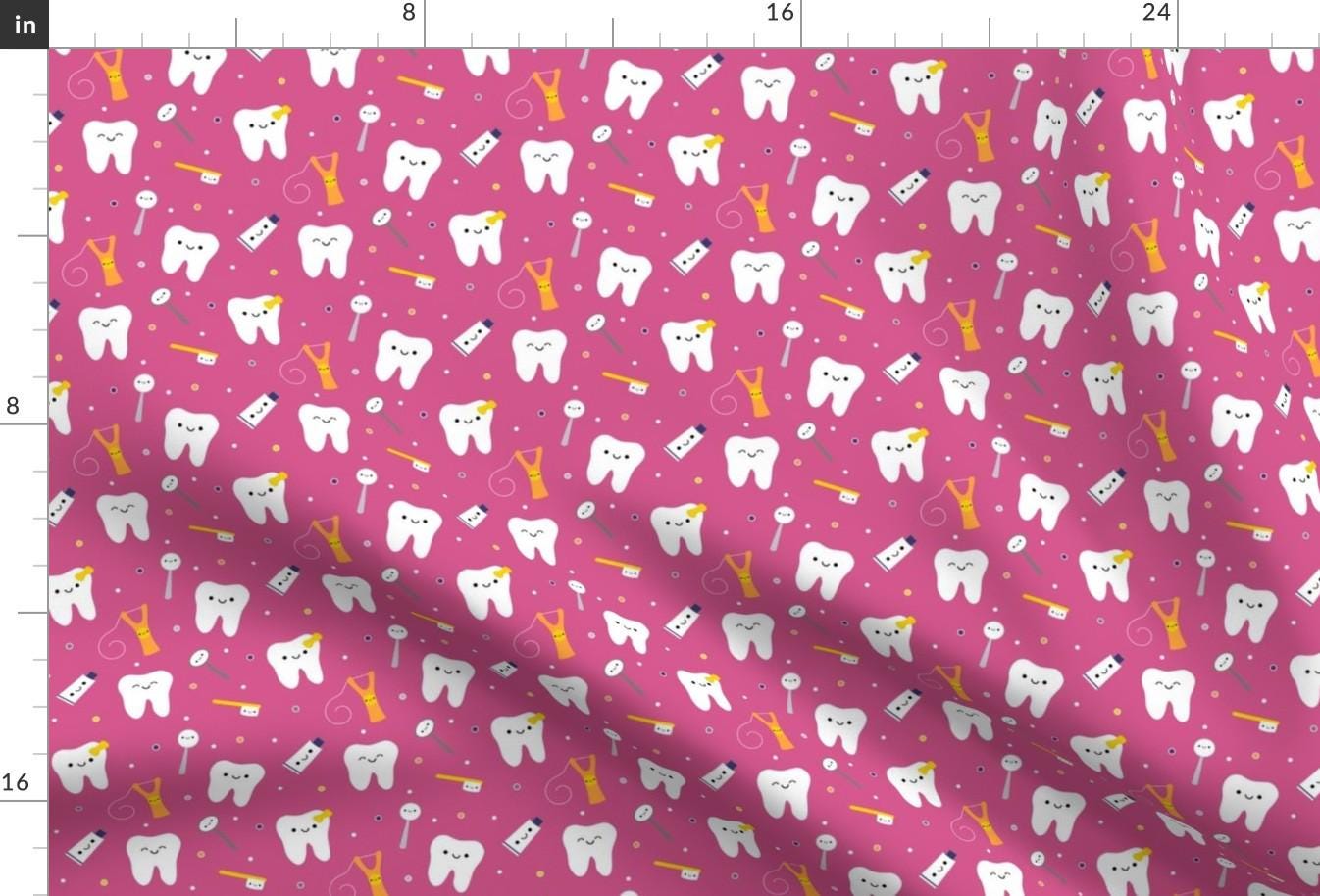 Tooth Fabric - Happy Teeth Friends - Dark Pink by Clayvision ...