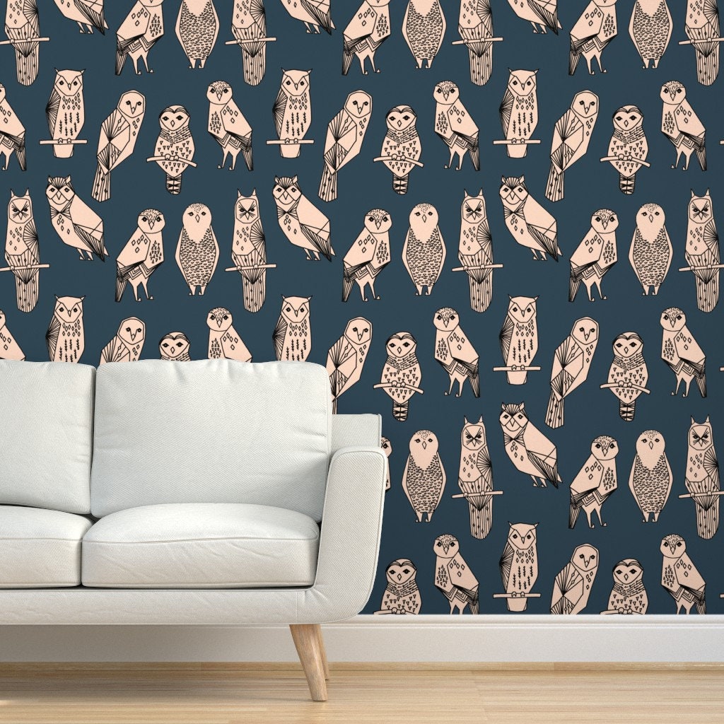 Owl Wallpaper Blush Navy Owl Illustration by Andrea Lauren - Etsy