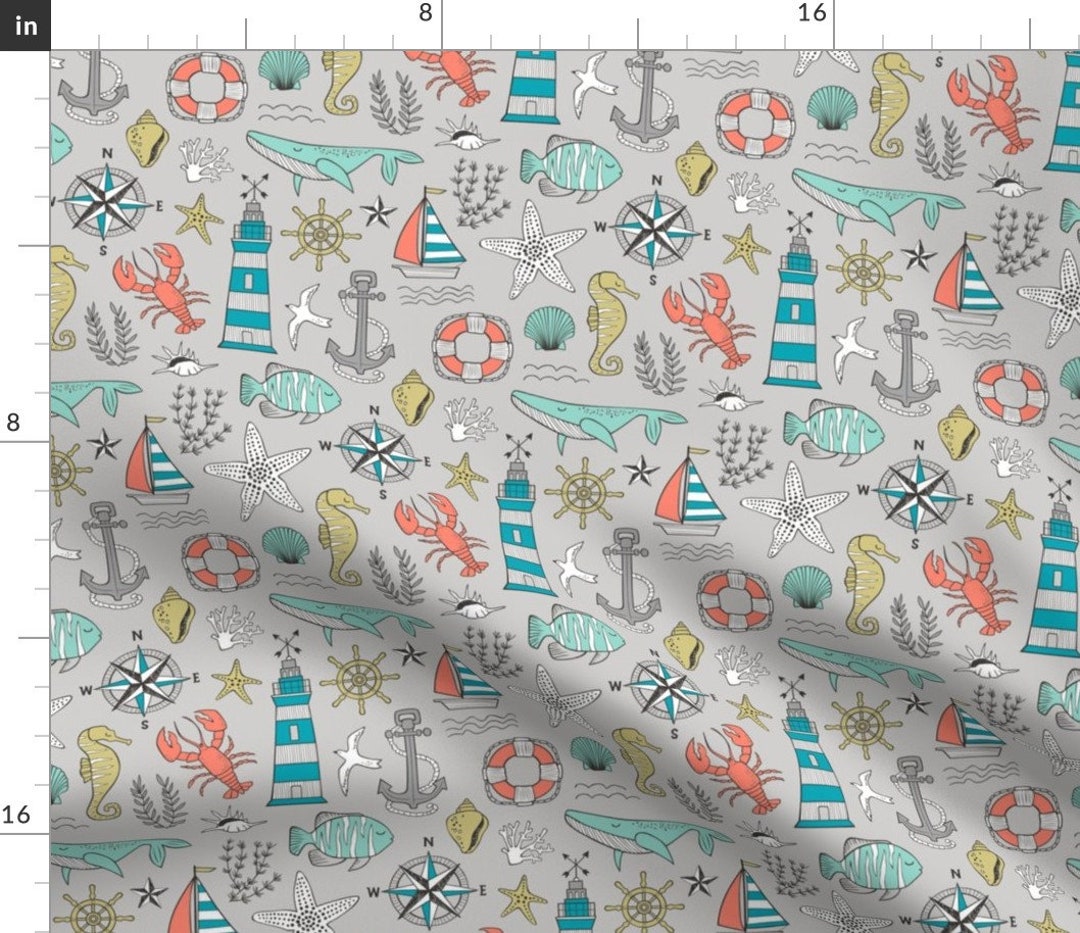 Nautical Fabric Nautical Doodle Whale Lighthouse Anchor on Light Gray ...