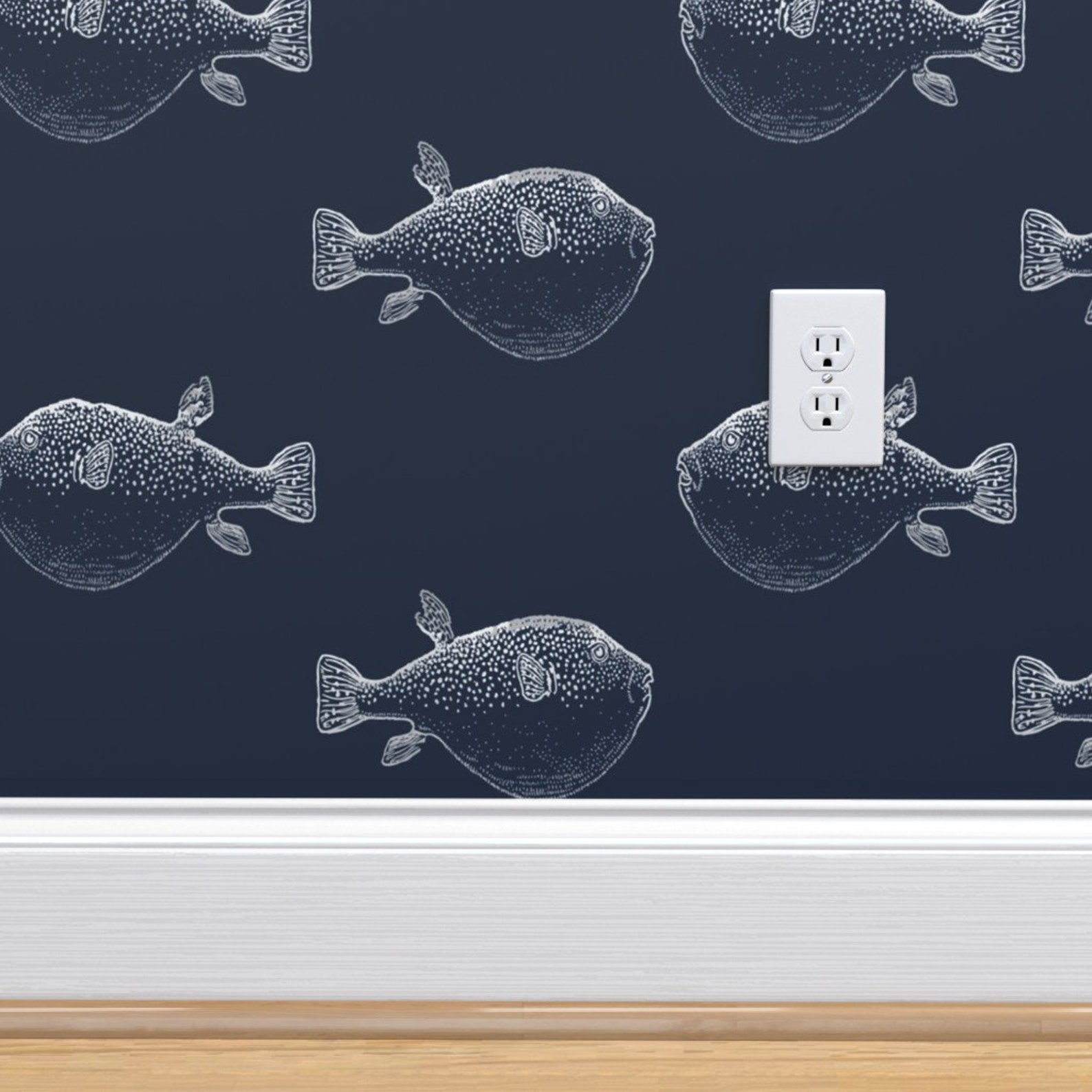 Puffer Fish Wallpaper Puffer Fish Silver on Navy by Jenlats - Etsy