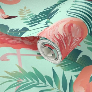 Flamingo Wallpaper Pink Flamingos on Teal Tropical Plants by Khaus ...