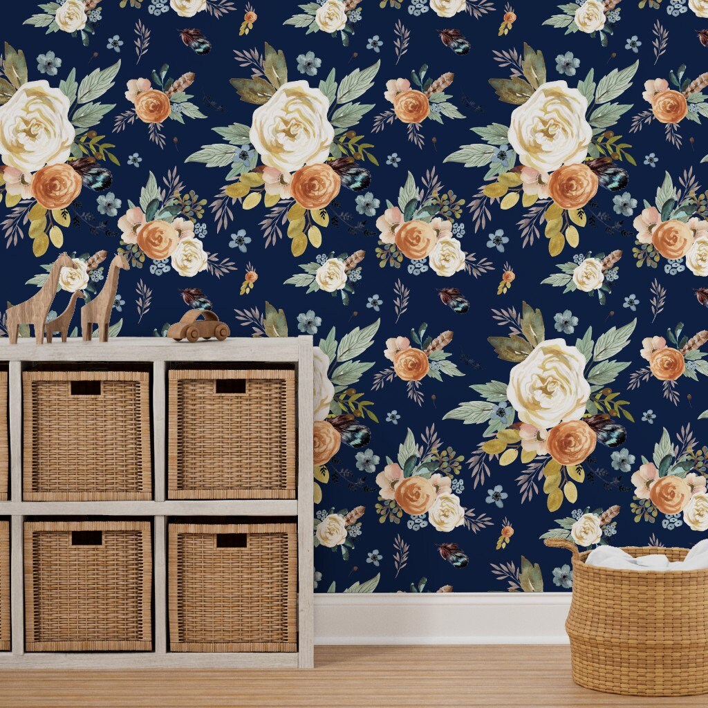 Floral Wallpaper 8 Western Autumn More Florals Navy by - Etsy